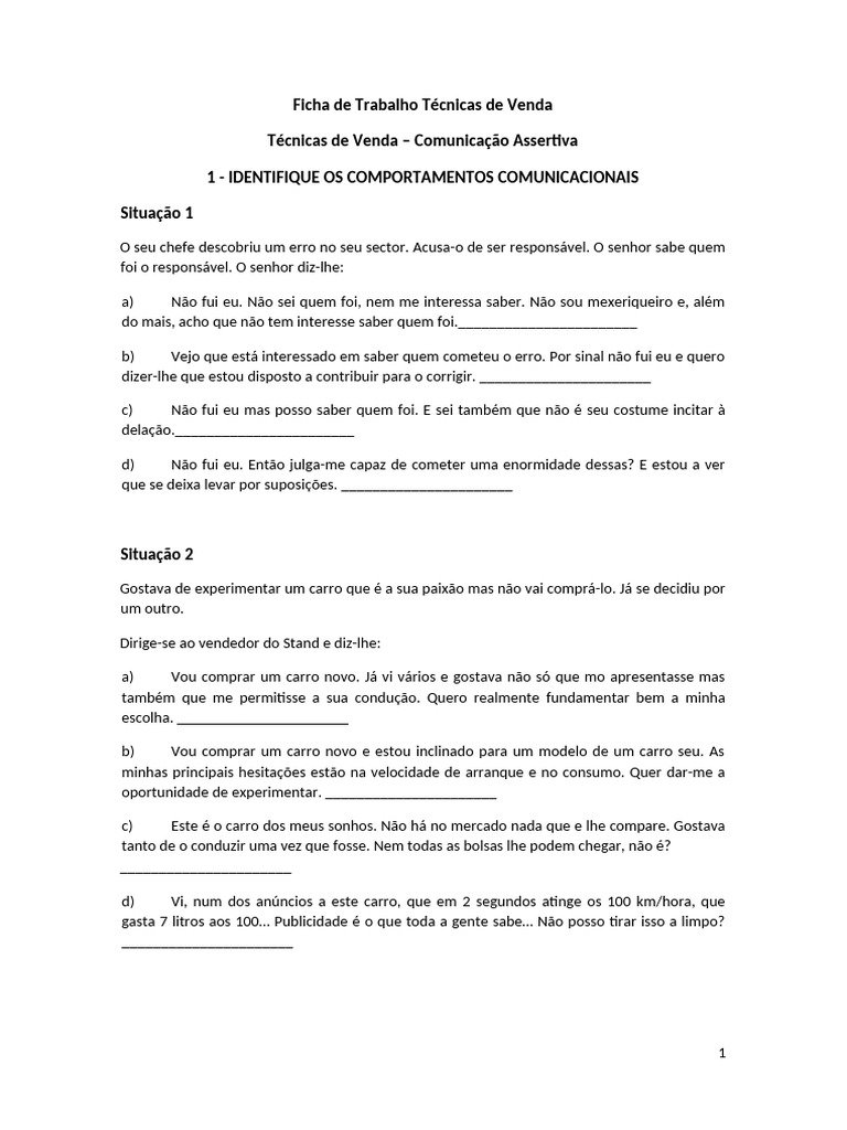 Ficha de Trabalho Assertividade | PDF