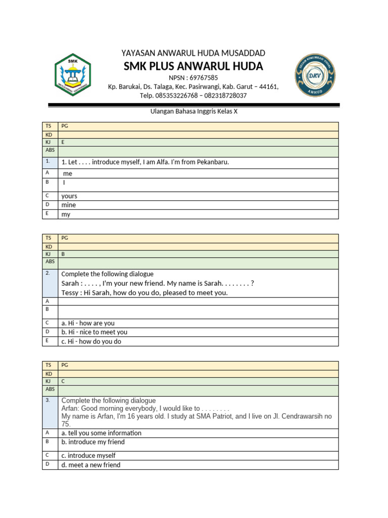Ulangan Semester 1 Kelas 10 | PDF