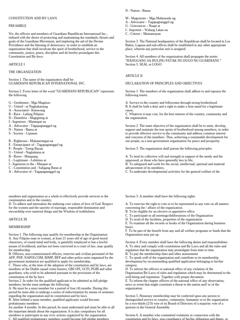 Guardians Brotherhood Constitution & By-Laws | PDF | Vice President Of ...