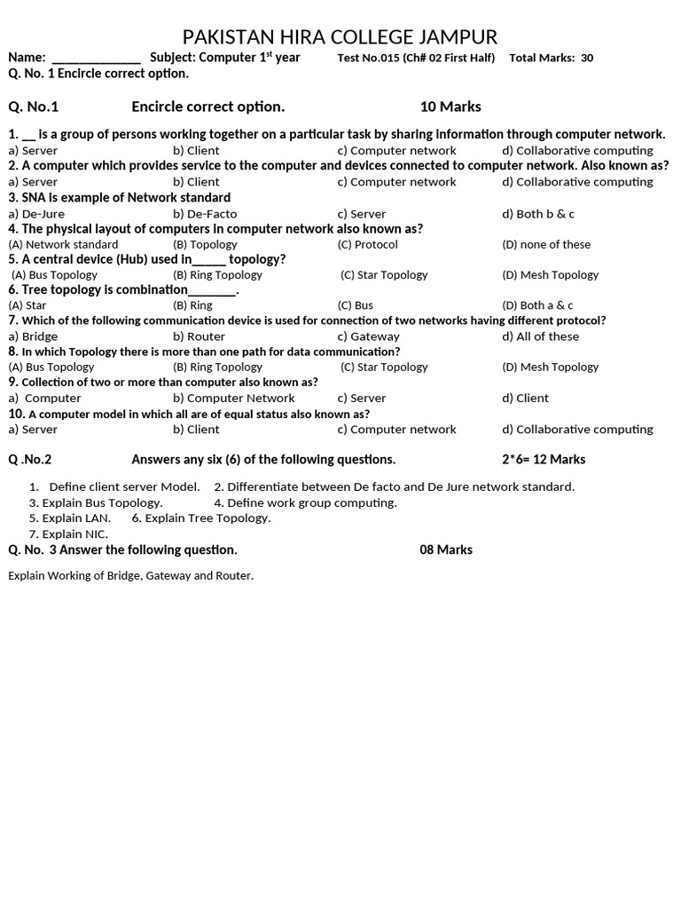 Computer Networking Test for 1st Year | PDF | Network Topology ...