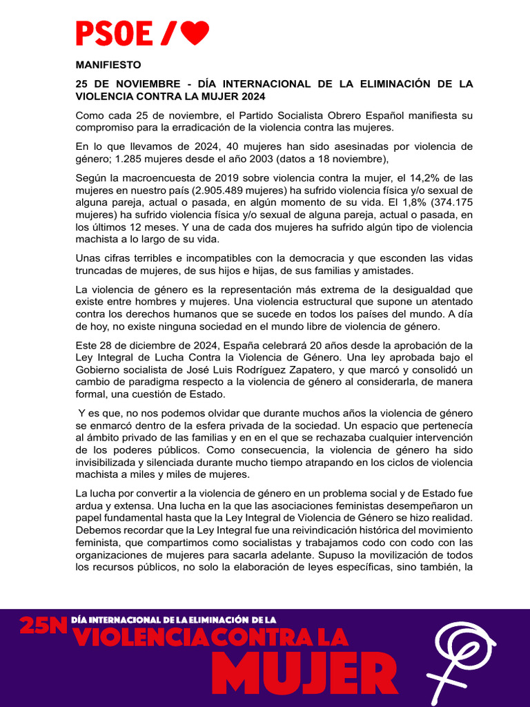 Manifiesto PSOE 25N 2024 | PDF | La violencia contra las mujeres | Violencia