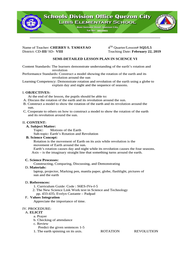 Lesson Plan Rotation and Revolution | PDF | Rotation | Earth