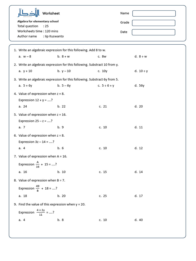 Math Worksheets Aljabar | PDF | Mathematics | Algebra