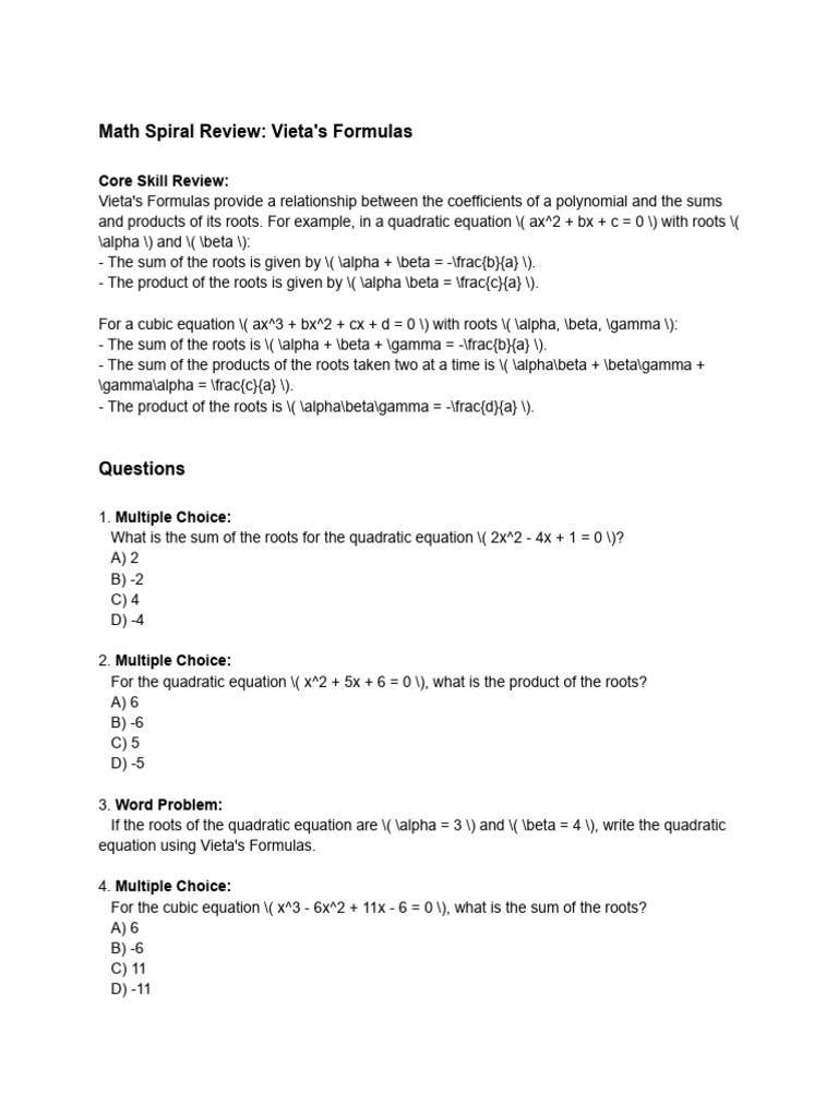 Math Spiral Review - Vieta's Formulas | PDF | Quadratic Equation | Zero ...
