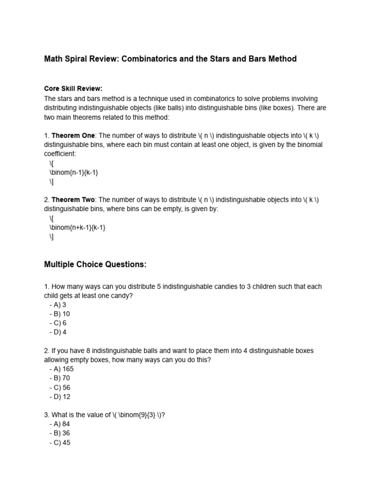 Math Spiral Review - Combinatorics and The Stars and Bars Method | PDF | Combinatorics ...