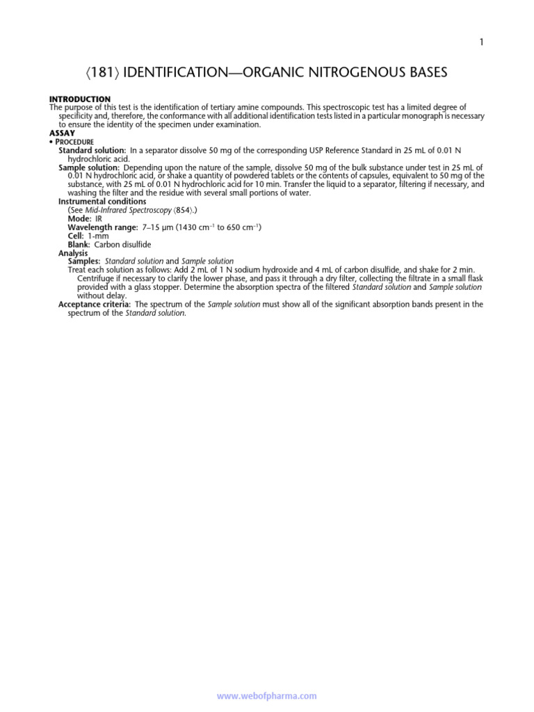 〈181〉 Identification-Organic Nitrogenous Bases | PDF | Spectroscopy ...