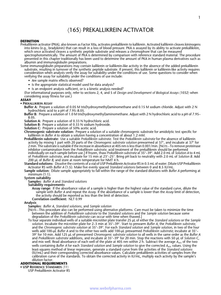 Prekallikrein Activator Assay Protocol | PDF | Buffer Solution | Acid
