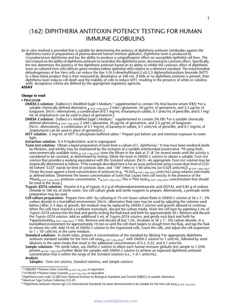 〈162〉 Diphtheria Antitoxin Potency Testing for Human Immune Globulins | PDF