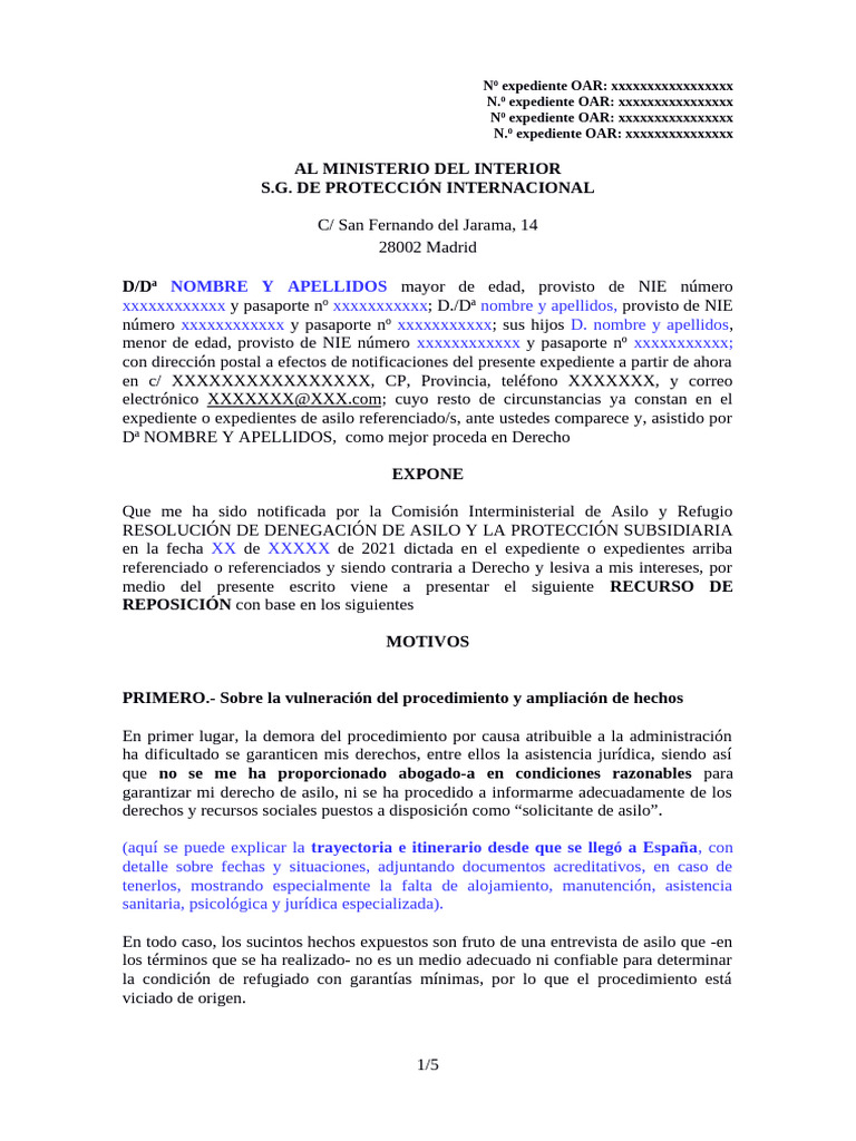 Recurso de Reposición por Denegación de Asilo | PDF | Directiva (Unión Europea) | Convenio ...