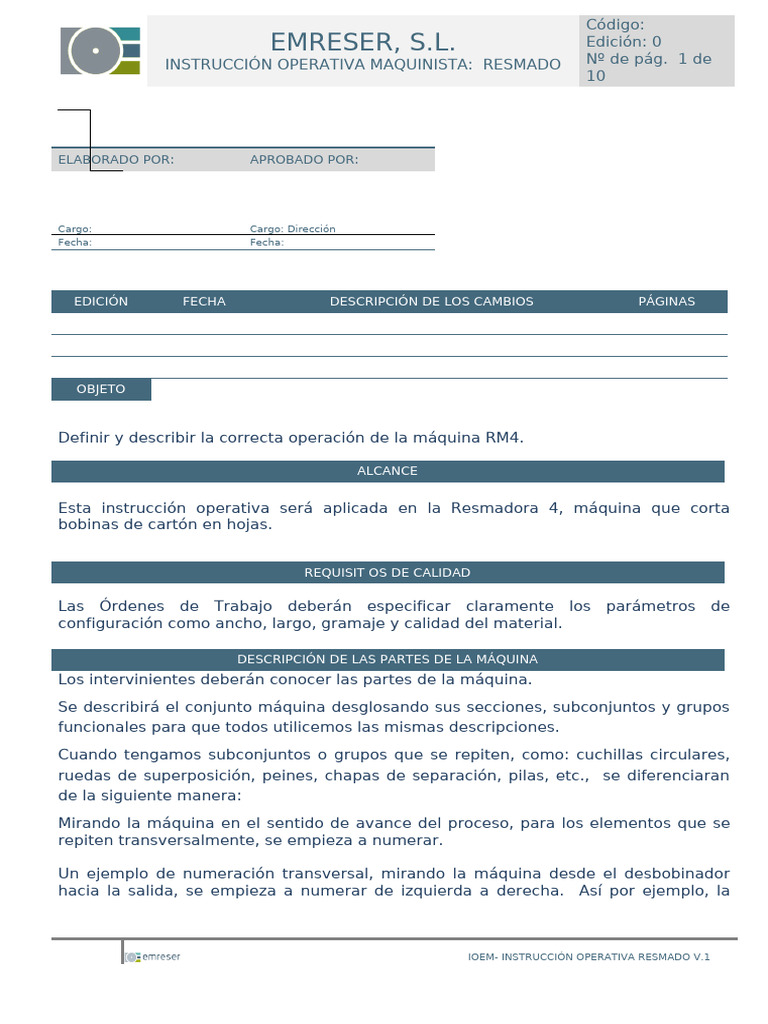 Instrución Operativa de Resmado Maquinista | PDF