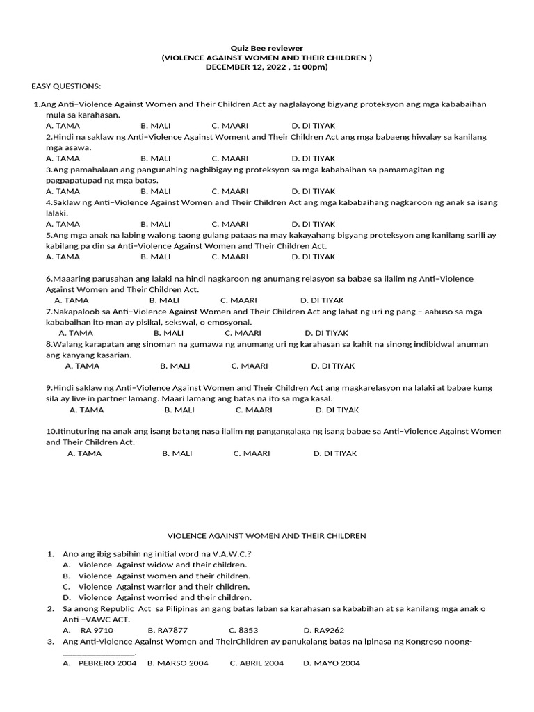 Vawc Quizz Bee Reviewer | PDF