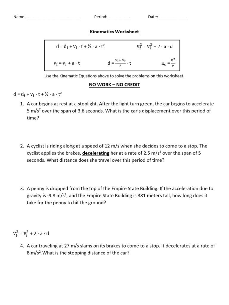 1 Kinematics Worksheet | PDF | Acceleration | Mechanics