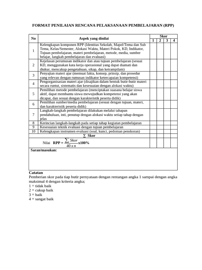 Format Penilaian Rencana Pelaksanaan Pembelajaran RPP 1 | PDF