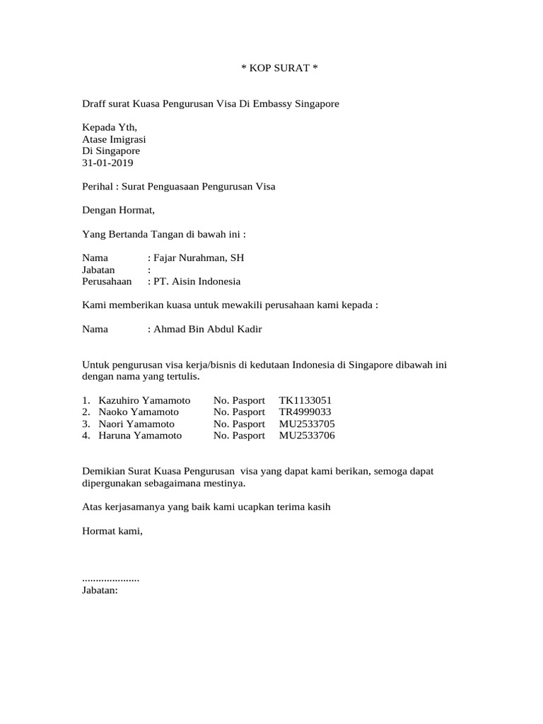 Draff Surat Kuasa Visa Singapore | PDF