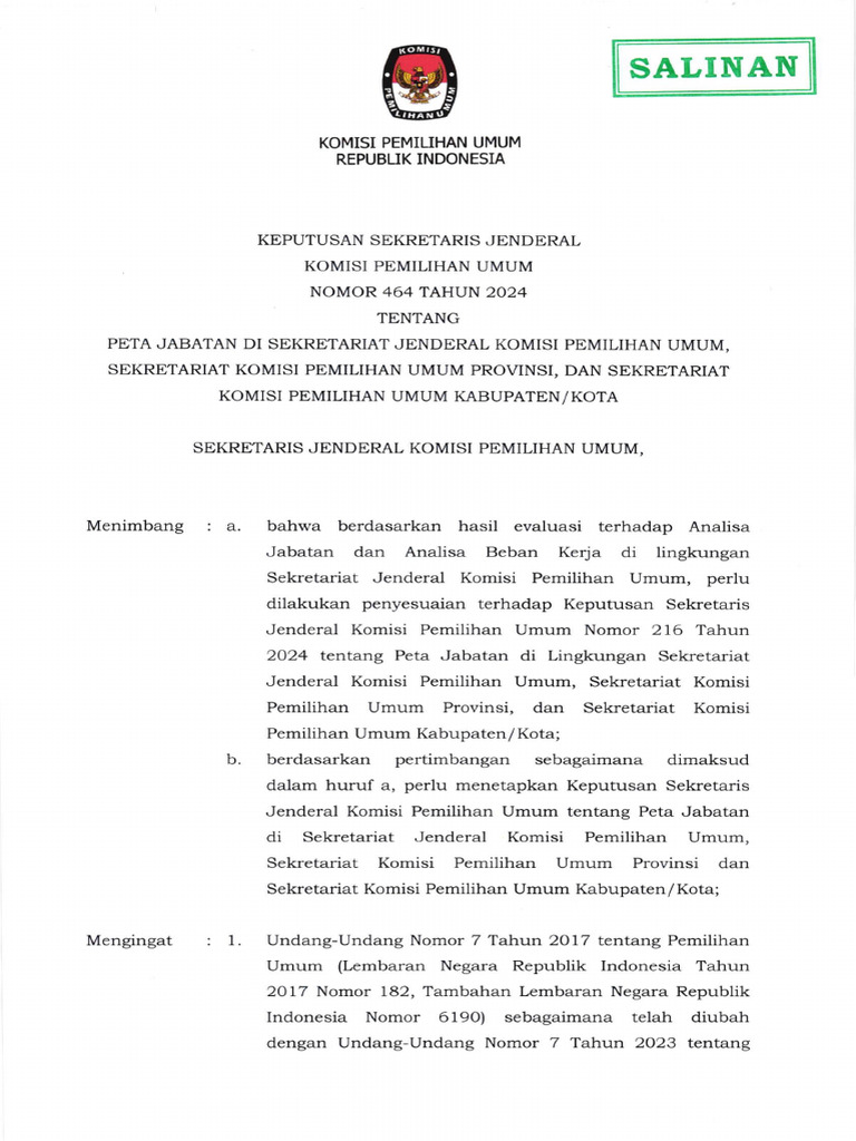 SK Sekjen 464 Tahun 2024 - Peta Jabatan | PDF