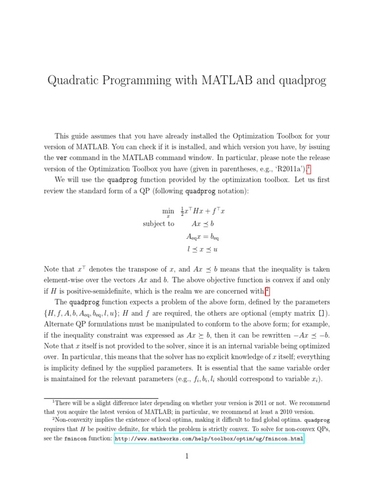 QP Quadprog | PDF | Mathematical Optimization | Matlab