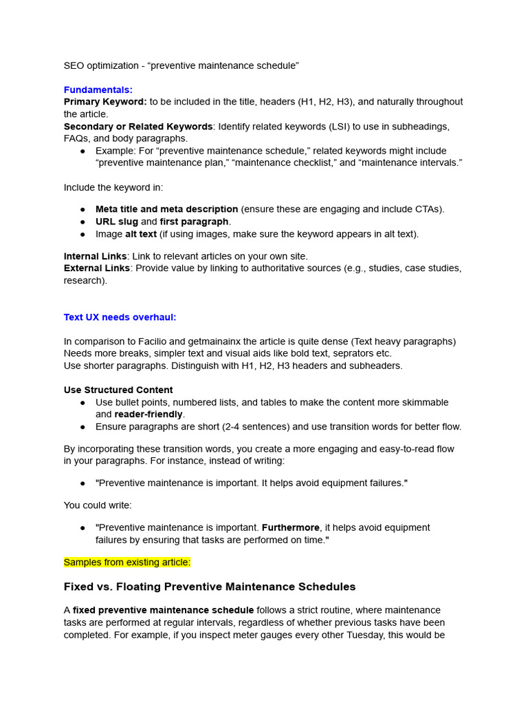 Seo Optimization Preventive Maintenance Schedule Pdf