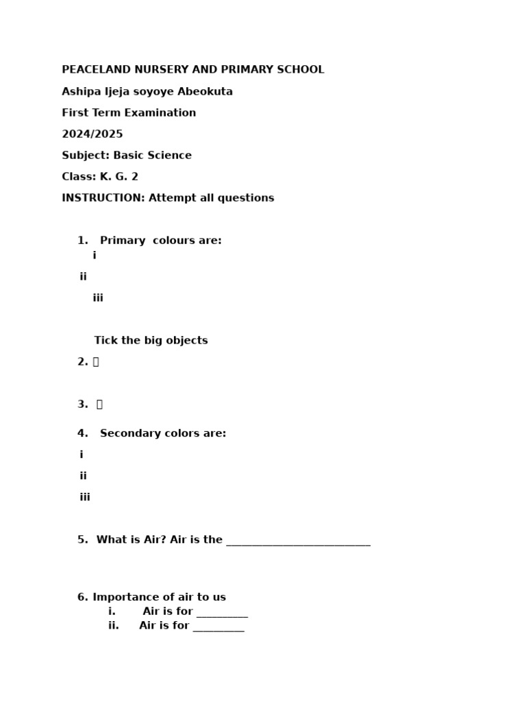 Basic Science Exam KG2 2024/2025 | PDF