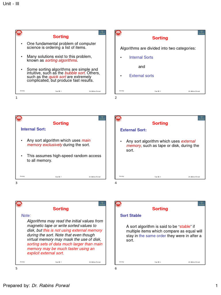 Unit III-V - Sorting at CSJMU - 6 Slides Handouts | PDF | Computer Data Storage | Computer Data
