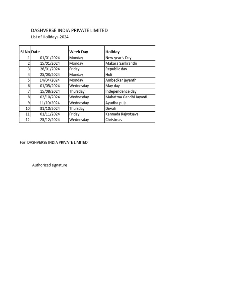 Dashverse India 2024 Holiday Schedule | PDF