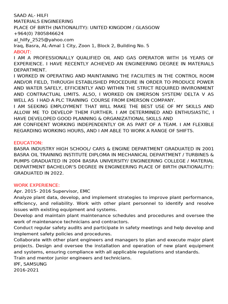 Work Experience Saad Aziz | PDF | Engineering | Leak