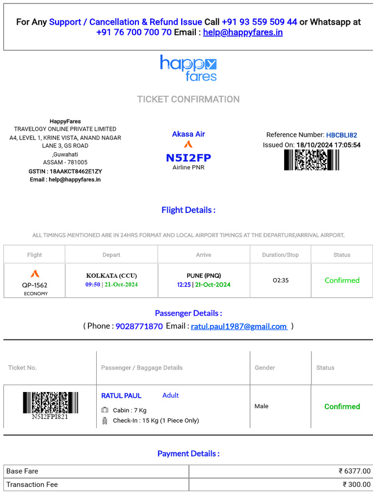 Ticket Confirmation Ratul Paul 21st Oct 2024 | PDF