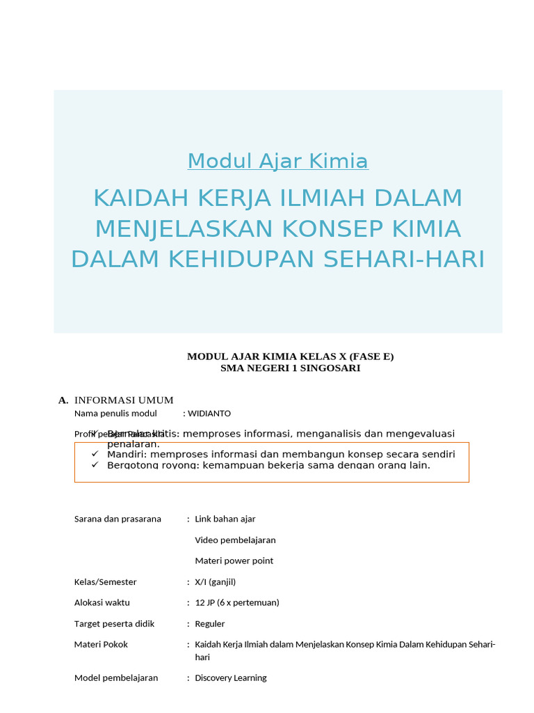 Modul Ajar Pengenalan Ilmu Kimia Dan Kaidah Kerja Ilmiah | PDF