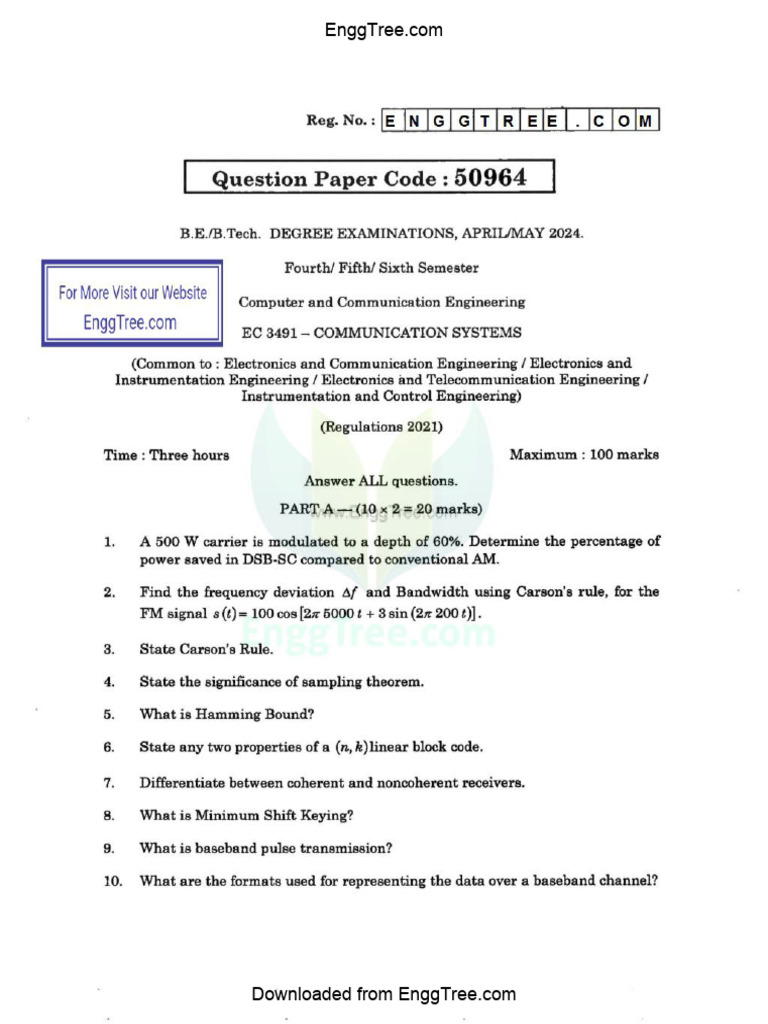 EC3491 Communication Systems Apr May 2024 Question Paper Download | PDF