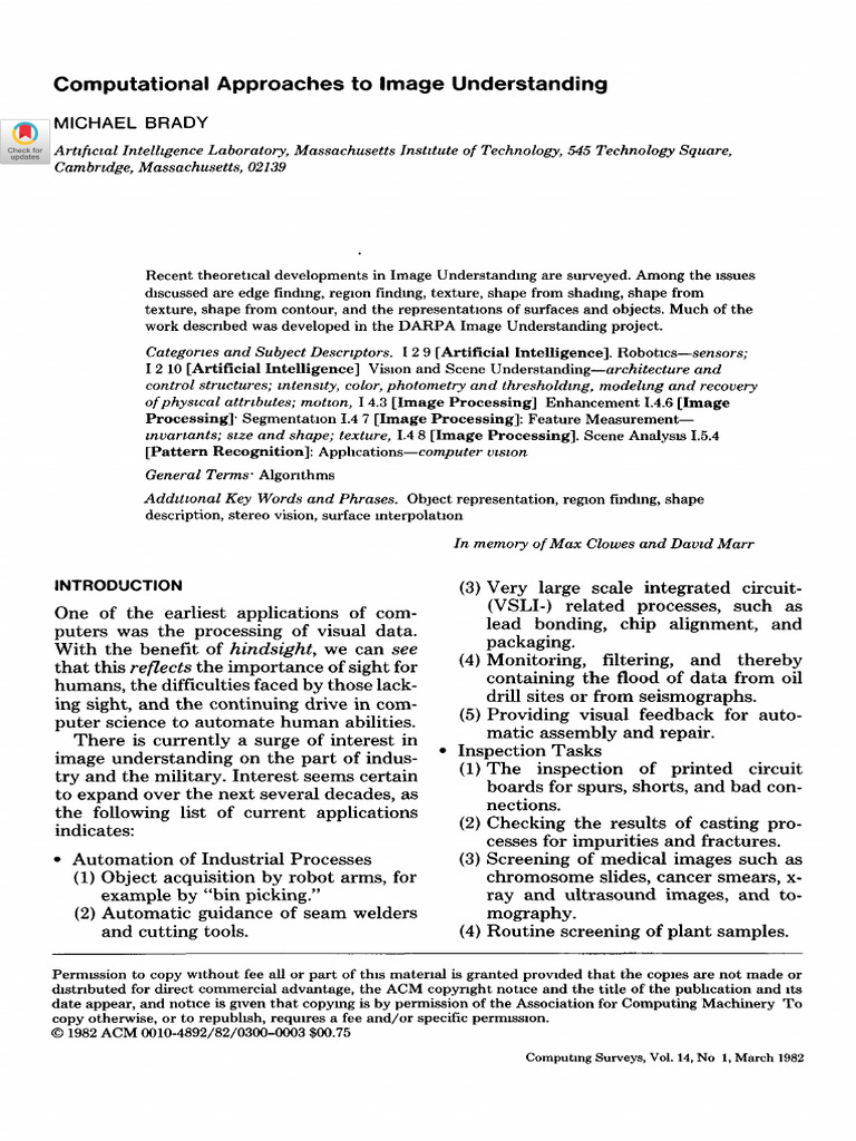 Computational Approaches To Image Understanding: Michael Brady | PDF ...