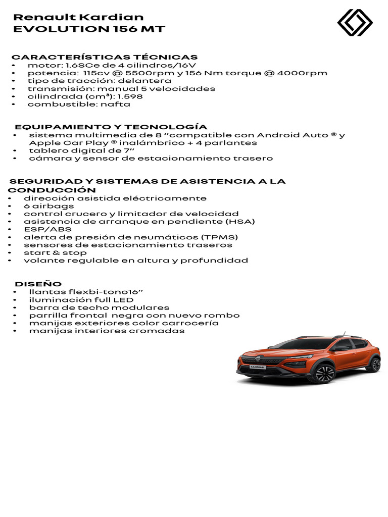 Ficha Técnica Renault Kardian | PDF | Sistema de freno antibloqueo | Industria automotriz