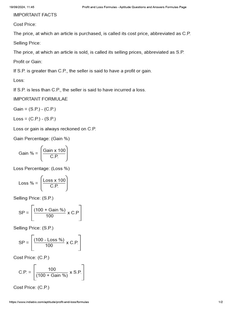 Profit and Loss Formulas | PDF | Prices | Sales