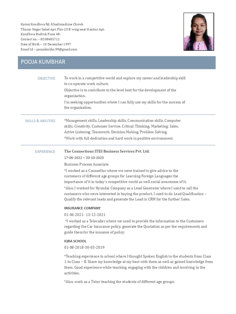 POOJA RESUME-1 | PDF | Cognition | Cognitive Science