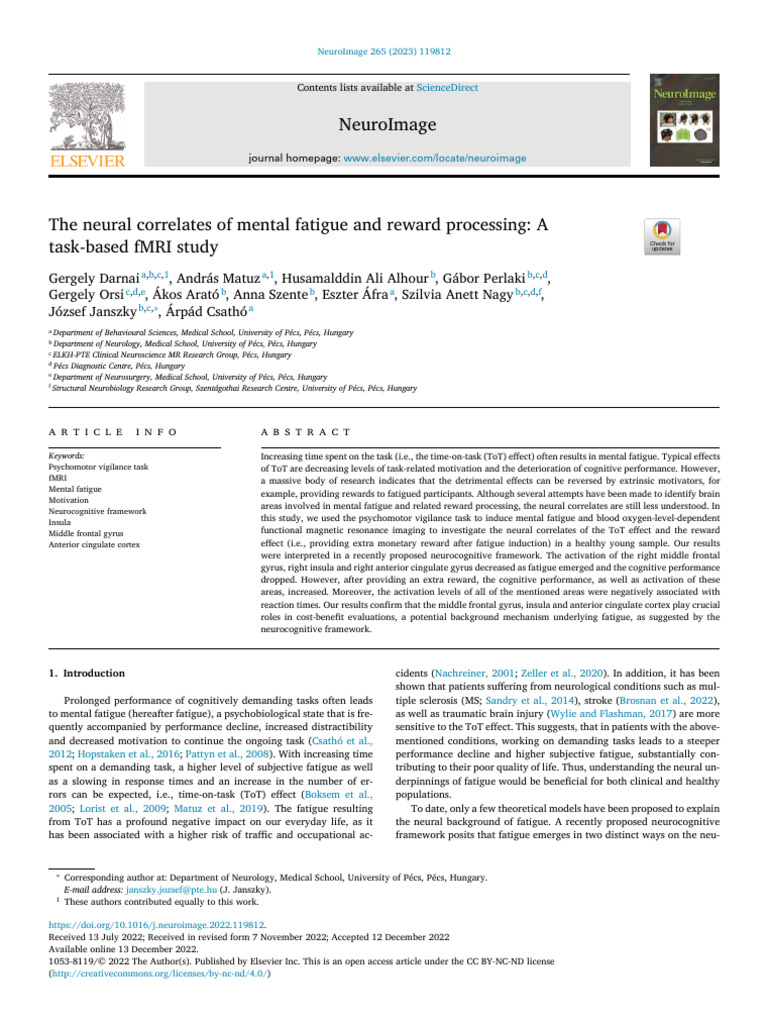 The Neural Correlates of Mental Fatigue and Reward Processing - A Task ...