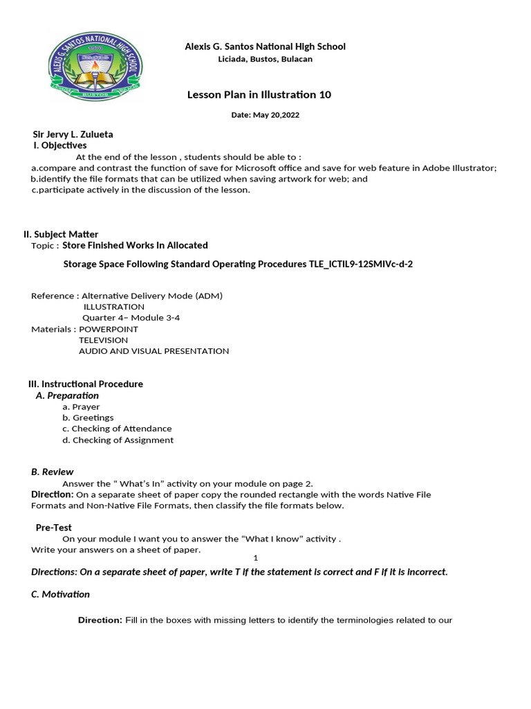 Lesson Plan in Illustration 10: Liciada, Bustos, Bulacan | PDF | File Format | Computer File