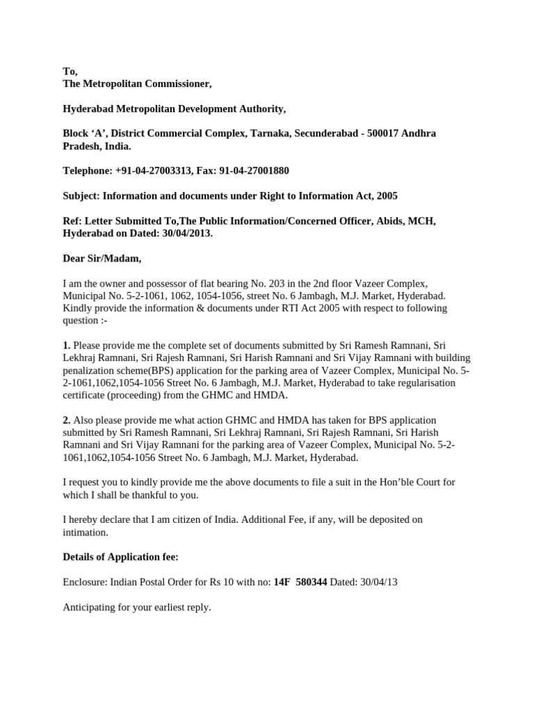 RTI Request for Vazeer Complex Documents | PDF