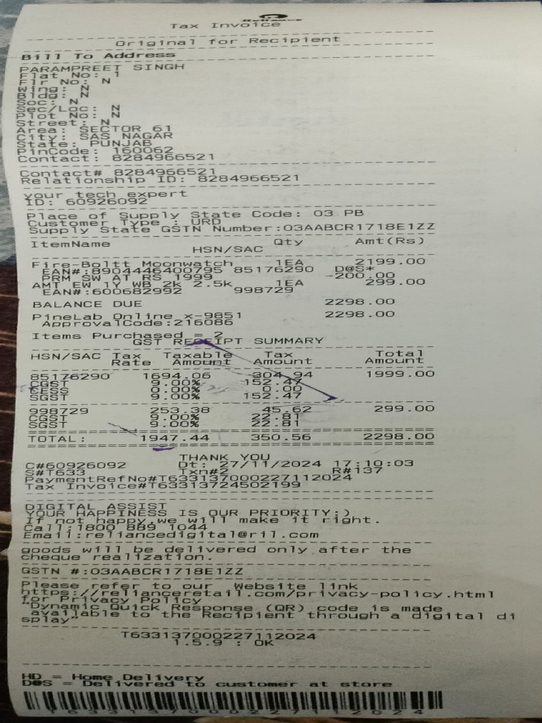 Tax Invoice for Fire-Boltt Purchase | PDF