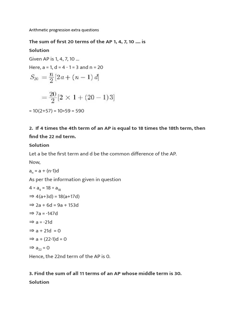 Class 10 Arithmetic Progression Extra Questions | PDF | Elementary ...