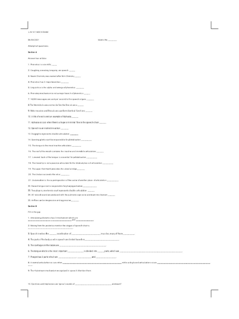 LIN 141 MOCK EXAM - 1 - Phoenix | PDF