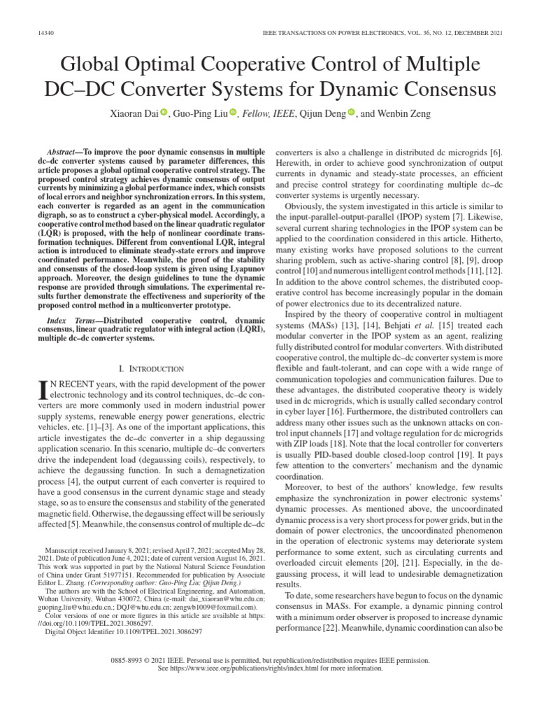 Global Optimal Cooperative Control of Multiple DC-DC Converter Systems For Dynamic Consensus ...