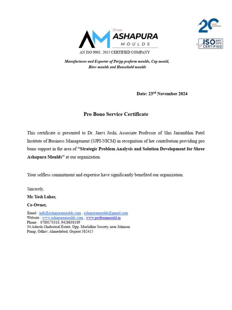 Pro Bono Service Certificate for Dr. Joshi | PDF