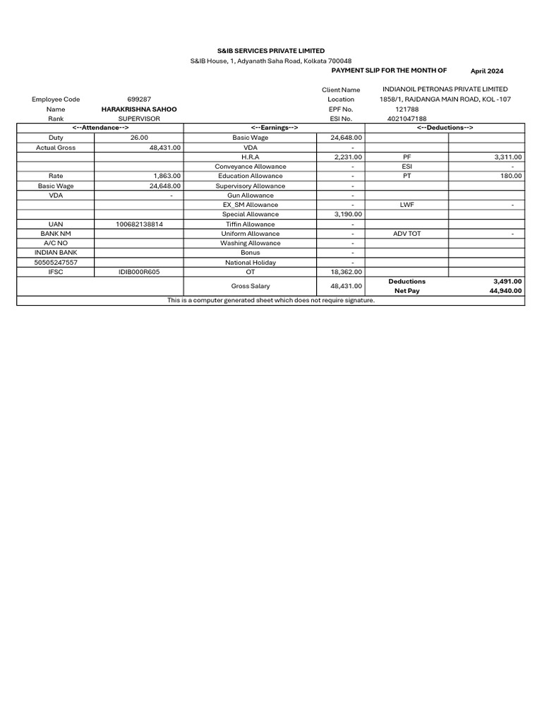 Harakrishna Sahoo - April 2024 | PDF | Employment Compensation | Employee Relations