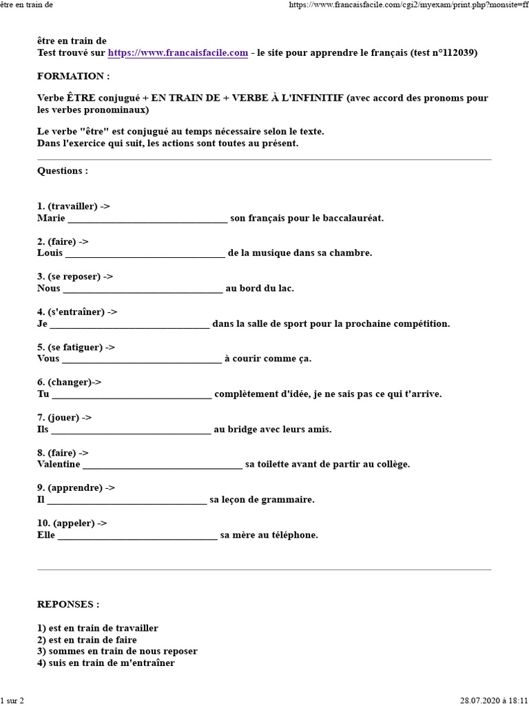 ETRE EN TRAIN DE Français Facile | PDF | Verbe | Nombre grammatical
