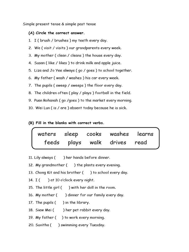 Simple Present and Past Tense Exercises | PDF | Linguistics | Language ...