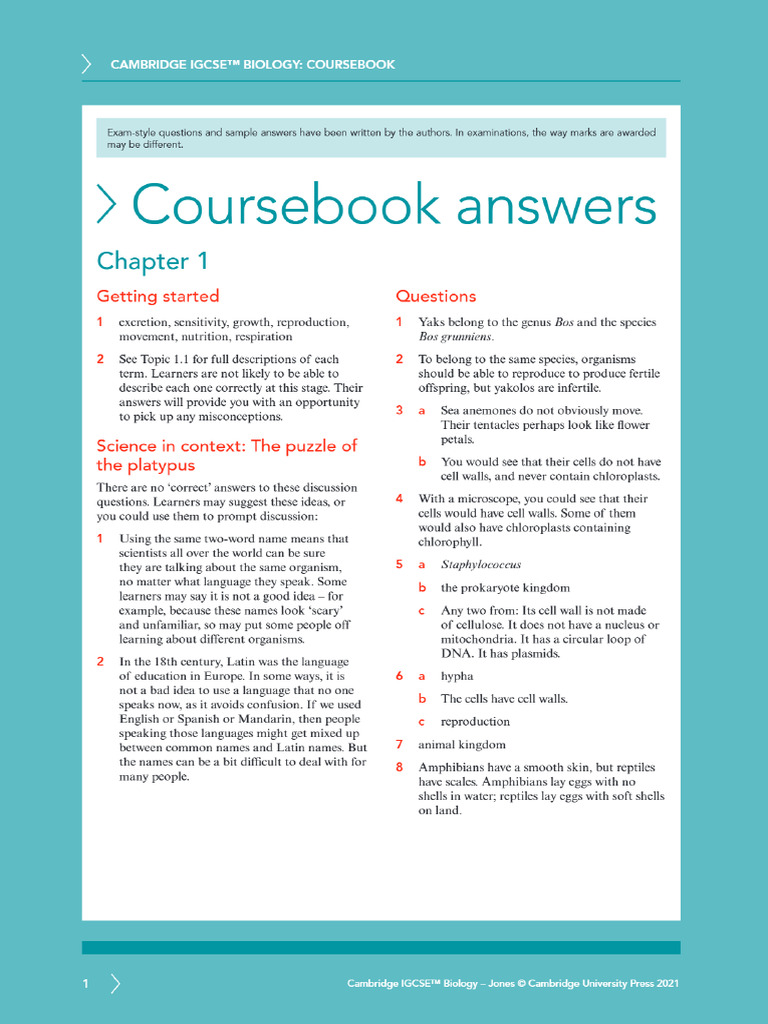 Igcse Biology Coursebook 4th Ed Answers | PDF