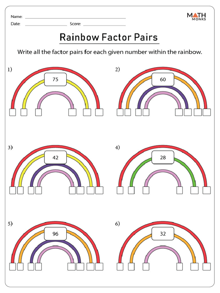 Factor Rainbow Worksheets For 4th Grade Math Printable | PDF