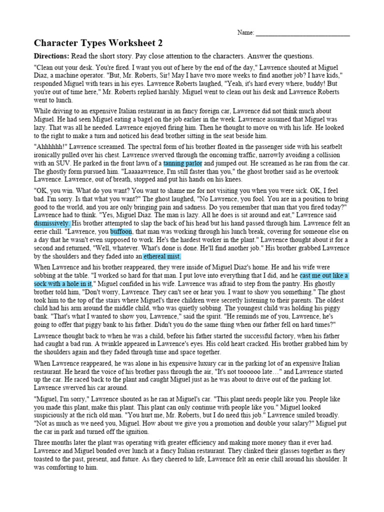 Character Types Worksheet 2 | PDF