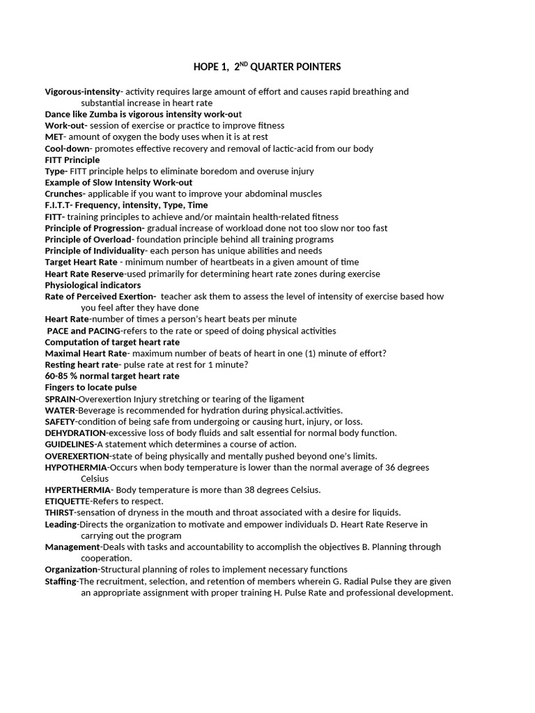 HOPE 1 Pointers 2nd Quarter | PDF | Heart Rate | Physical Fitness