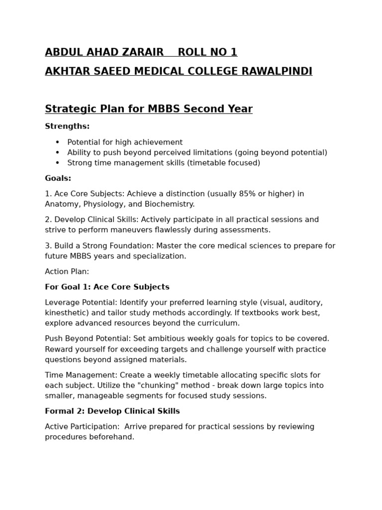 Strategic Plan For MBBS Second Year | PDF | Learning Styles | Learning
