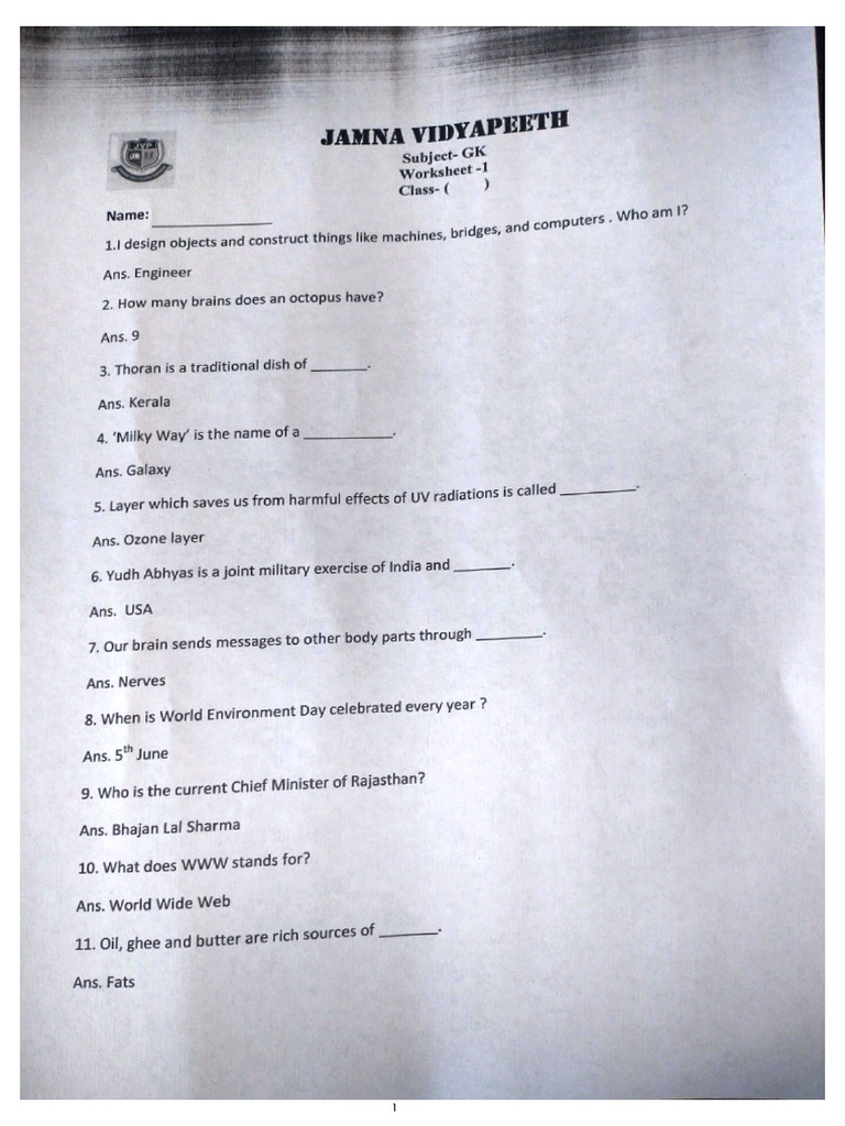 GK Worksheet of Class 3 and 4 | PDF