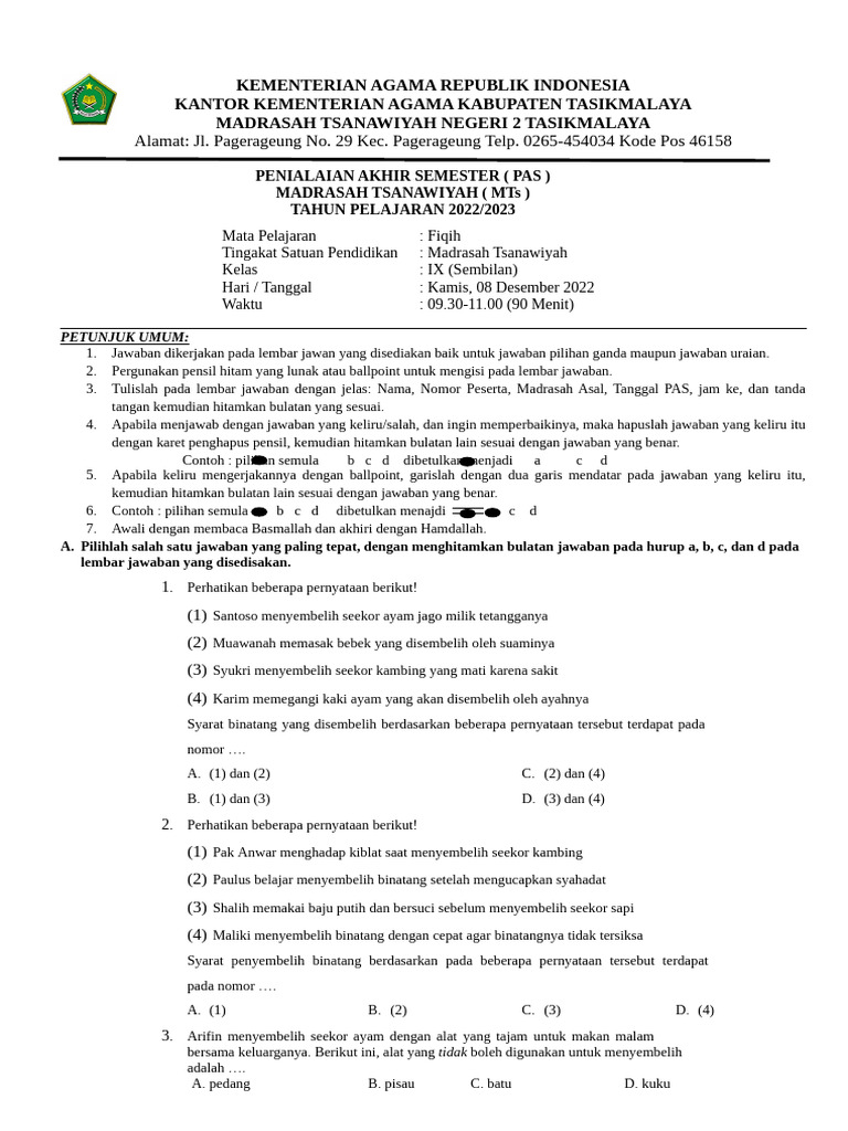 Soal Pas Fikih Kelas 9 Tp. 2022-2023 | PDF